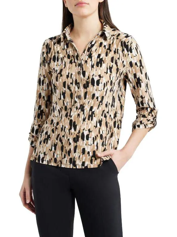 Anne Klein Printed Roll-tab Sleeve Shirt - Anne Black/latte Multi