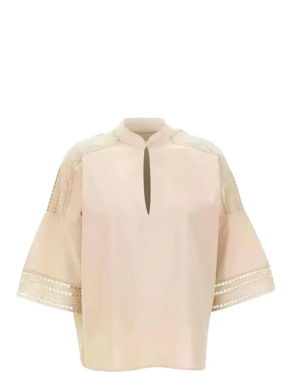 ELENA MIRO` Embroidered Short Sleeve Blouse - Neutrals
