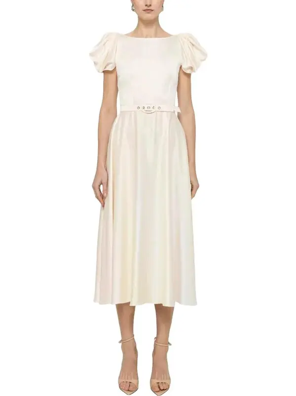 NISSA Belted Puff-sleeve Midi Dress - Neutrals