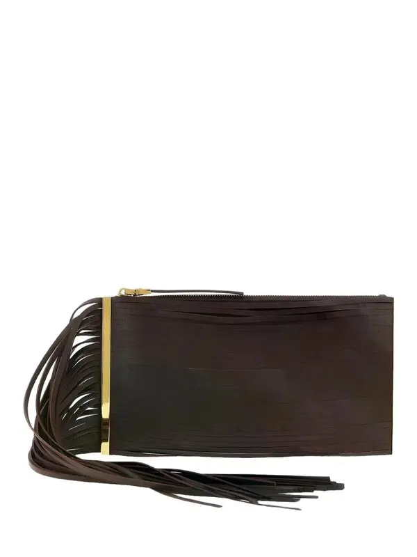 Elisabetta Franchi Leather Clutch With Fringe And Chain Strap - Brown