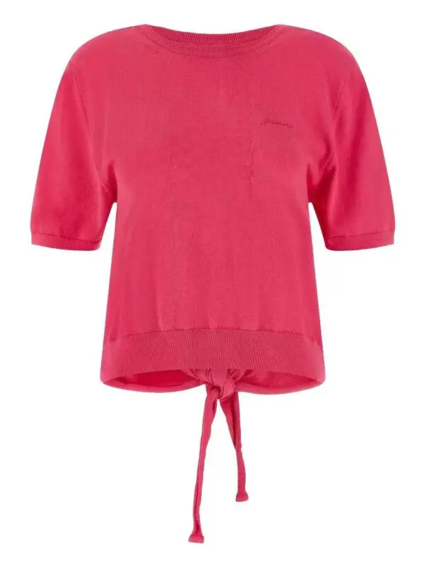 GANNI Embroidered-logo Back-ribbon T-shirt - Pink