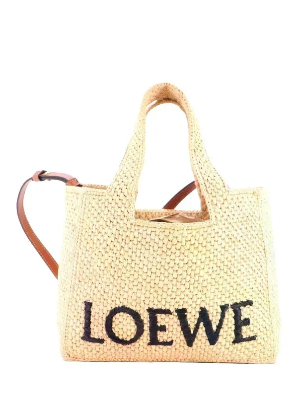 Loewe Logo Convertible Raffia Small Tote Bag - Neutrals