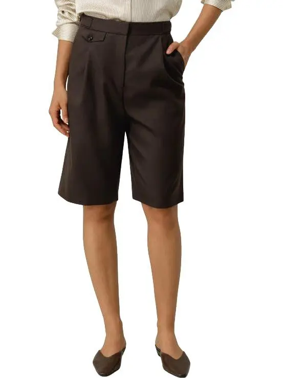 Lilysilk Wool-silk Blend Bermuda Shorts With Pleated Detail - Chestnut
