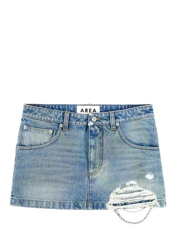 AREA Crystal-embellished Frayed Denim Mini Skirt - Blue