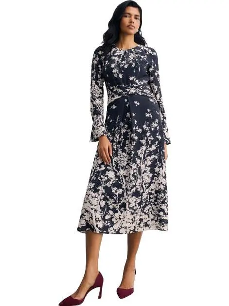 The Fold Rosiare Floral Print Silk Crepe De Chine Dress - Navy