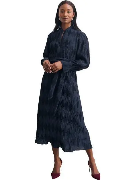 The Fold Aurellie Long Sleeve Tie Waist Dress - Navy