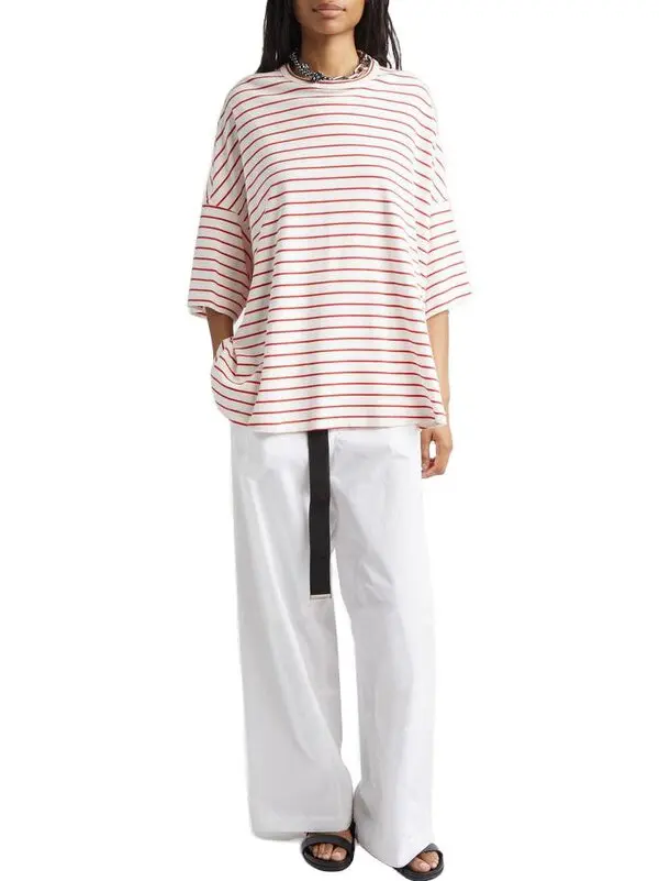 Plan C Stripe Oversized Cotton T-shirt - White/red Stripe