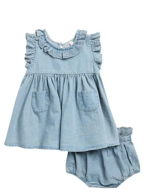 QUINCY MAE Sophie Eyelet Ruffle Organic Cotton Dress With Bloomers - Chambray