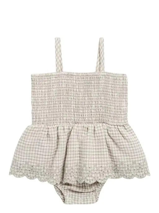 QUINCY MAE Gingham Eyelet Smocked Bodice Organic Cotton Bodysuit - Sage