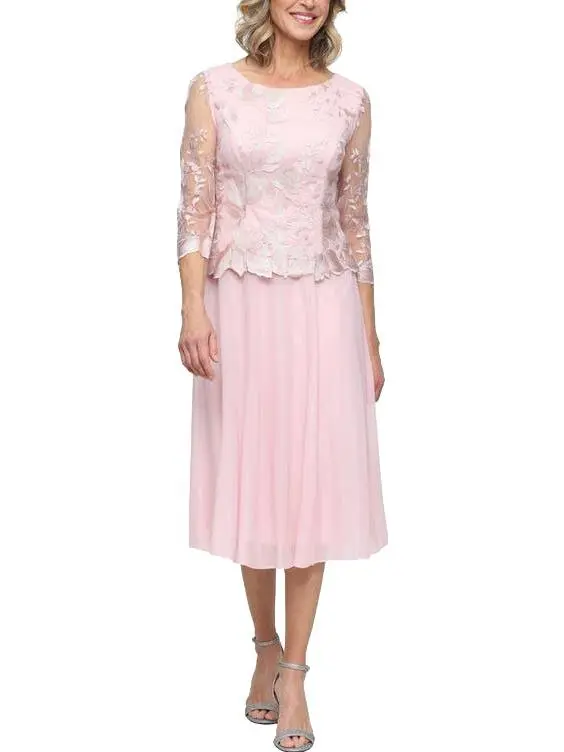 Alex Evenings Embroidered Mock Two-piece Dress - Shell Pink