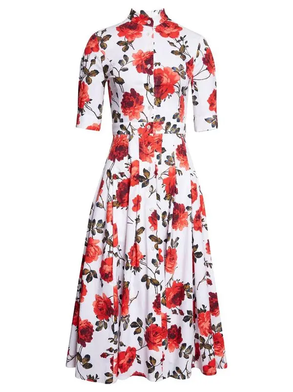 Carolina Herrera Rose Print Cotton Poplin Shirtdress - White Multi
