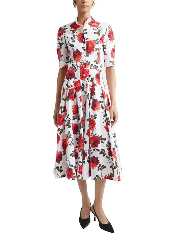 Carolina Herrera Rose Print Stretch Cotton Poplin Shirtdress - White Multi