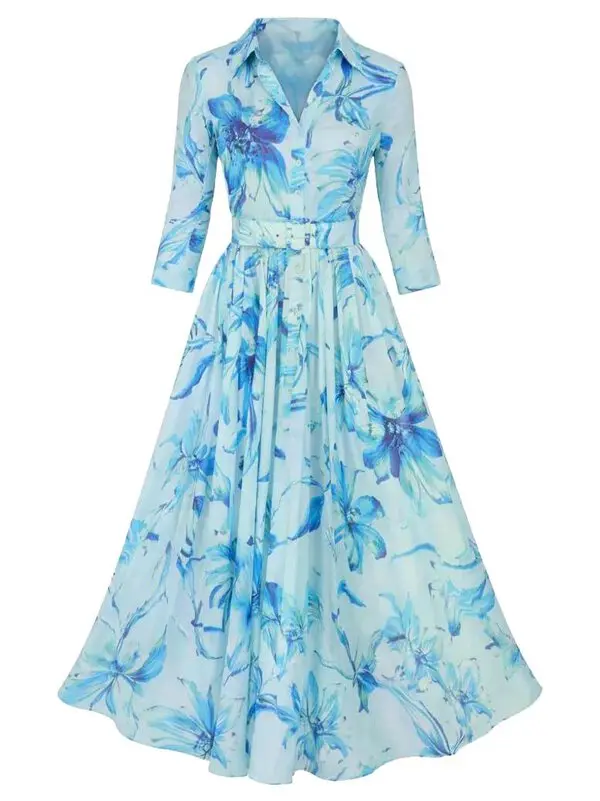 Samantha Sung Aster Floral Print Belted Maxi Dress - Blue