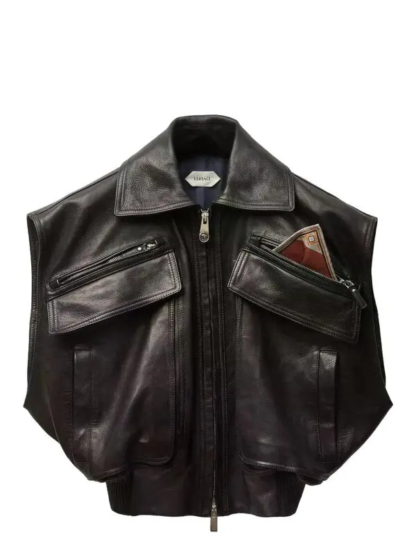 Versace Leather Sleeveless Blouson Jacket - Black