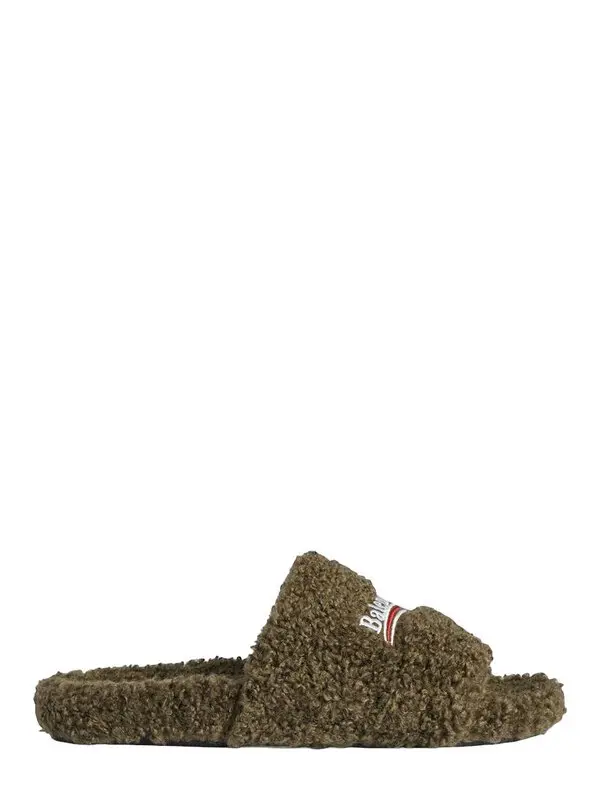 Balenciaga Furry Open Mule - Army Green/white/red