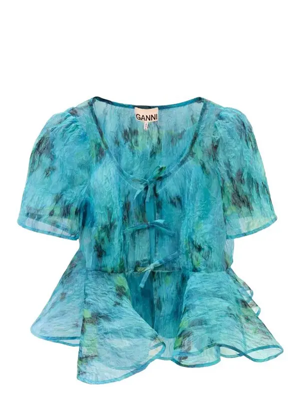 GANNI Printed Peplum Blouse - Blue
