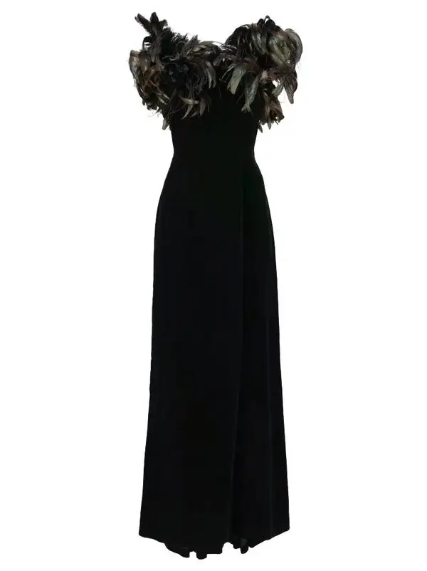 Vintage Velvet Feather Maxi Dress - Black