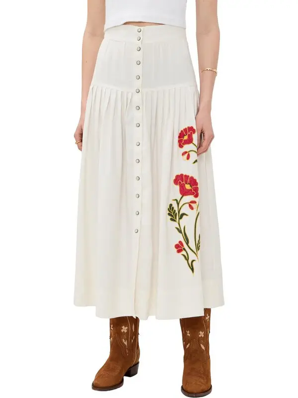 The Great. X Stetson Embroidered Western Highland Skirt - Cream W/ Chambray Mix Multi