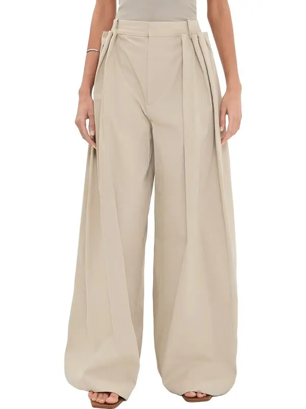 Tibi Luxe Twill Tucked Pleated Trousers - Taupe