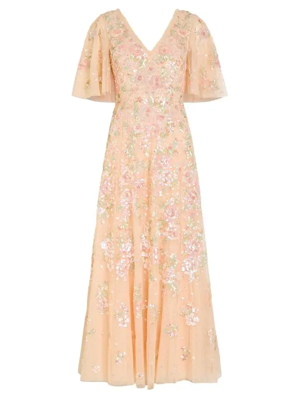 NEEDLE & THREAD Sequin Bouquet Embellished Cape-effect Tulle Gown - Pink