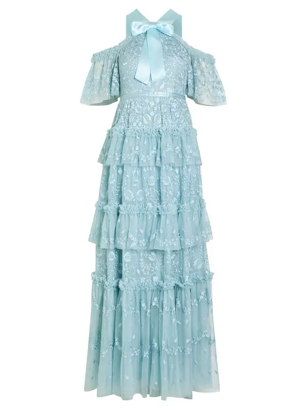 NEEDLE & THREAD Floral Embroidered Tulle Gown - Blue