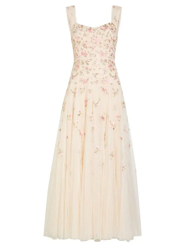 NEEDLE & THREAD Floral-embroidered Tulle Gown - Cream