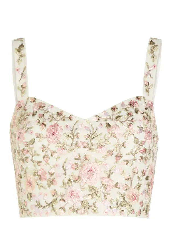 NEEDLE & THREAD Floral Embroidered Tulle Crop Top - White