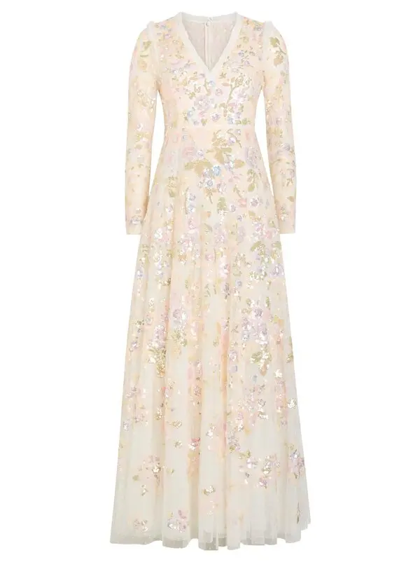 NEEDLE & THREAD Floral-embellished Tulle Gown - White