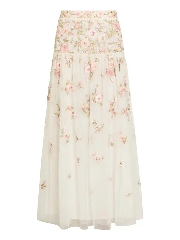 NEEDLE & THREAD Floral-embroidered Tulle Midi Skirt - White