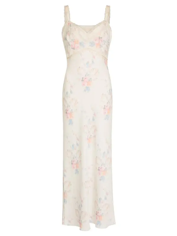 LoveShackFancy Annabeth Floral Satin Maxi Slip Dress - Light Pink