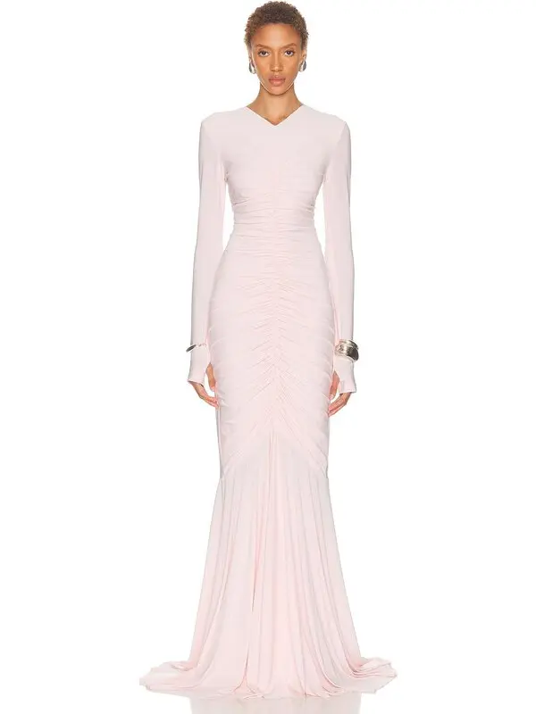 Norma Kamali Long Sleeve Shirred Fishtail Gown - Ballet Pink