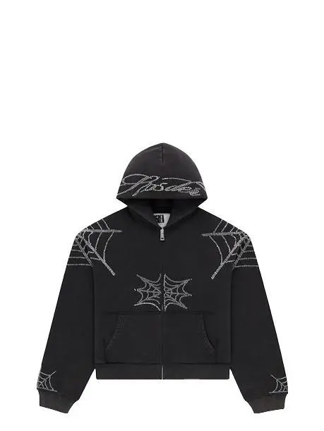 SP5DER Rhinestone Web Zip Hoodie - Black