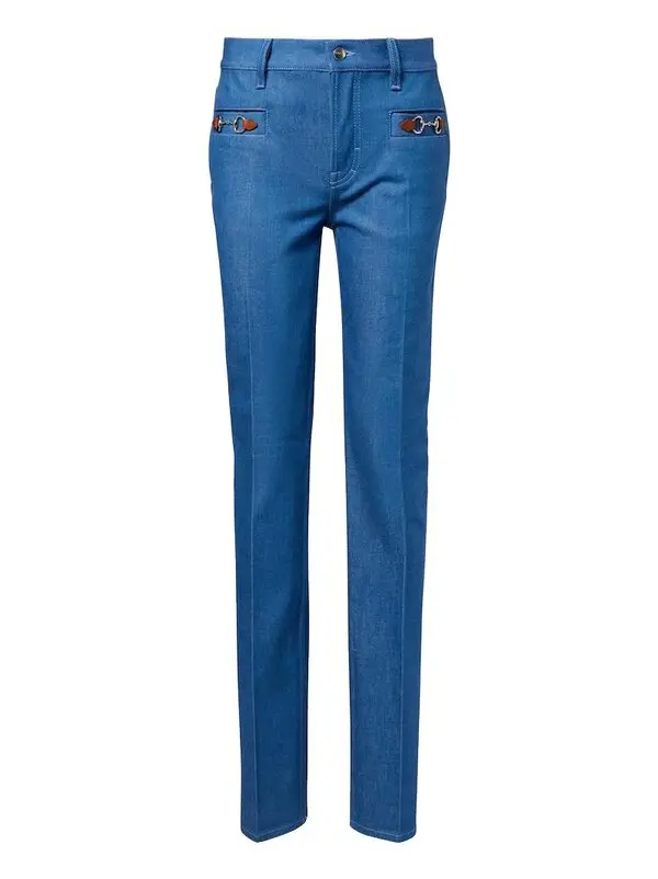 Gucci Horsebit Cotton Chambray Slim Pants - Blue
