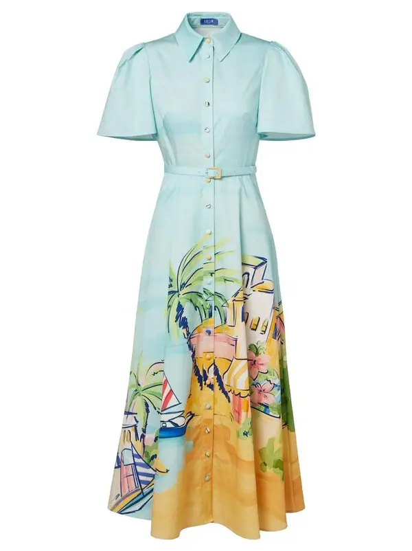 LEO LIN Printed Belted Cotton Shirt Dress - Blue