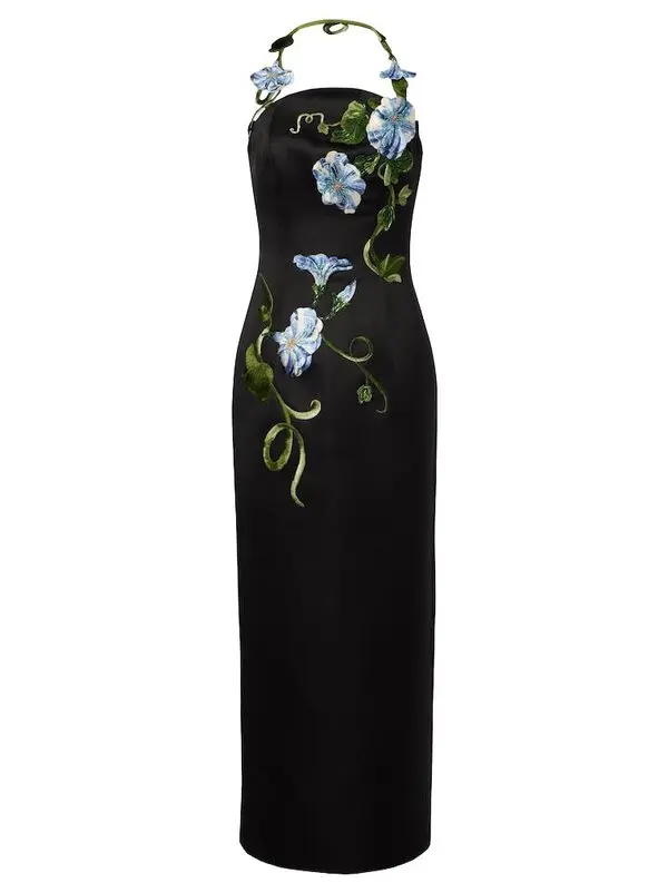 LEO LIN Floral-appliqué Halterneck Gown - Black