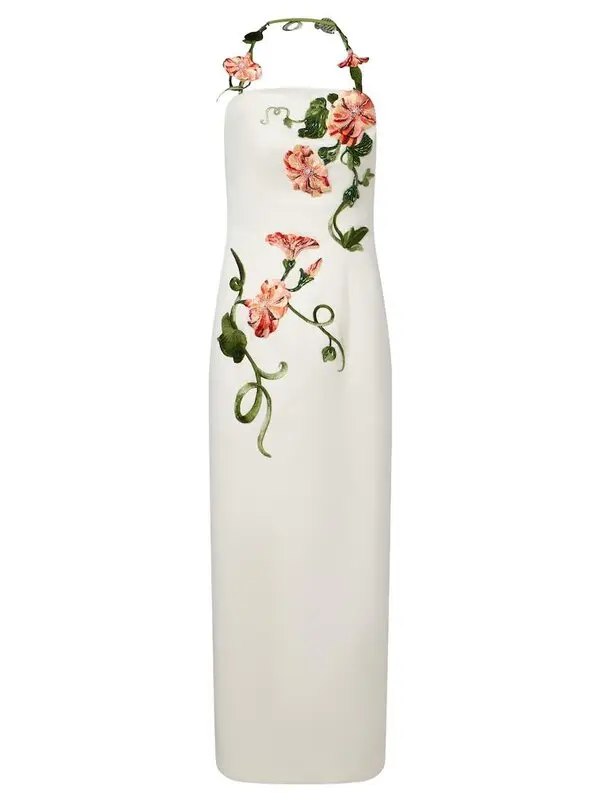 LEO LIN Floral-appliqué Halterneck Gown - White