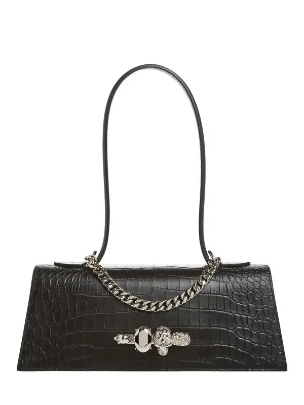 Alexander McQueen Jewelled Croc Embossed Top Handle Bag - Black/silver