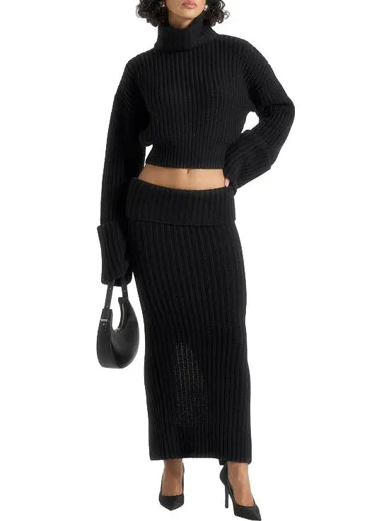 Manière De Voir Lyra Knit Maxi Skirt With Foldover - Black