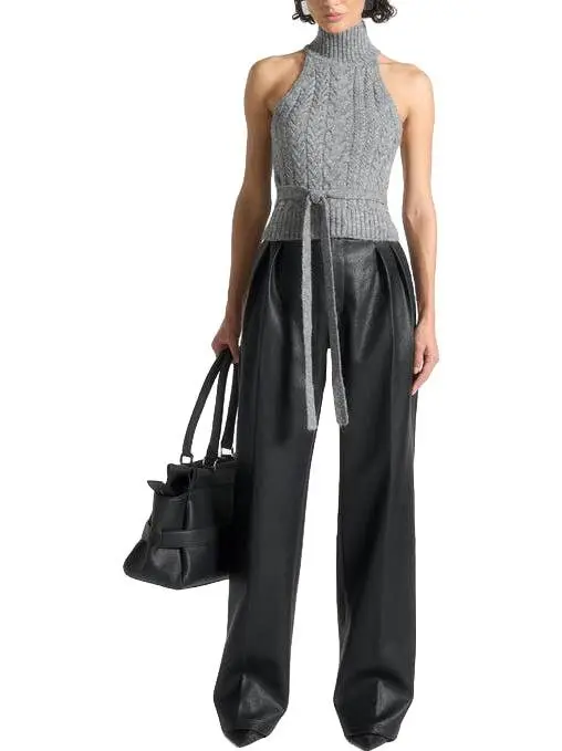 Manière De Voir Olivia Pebbled Vegan Leather Pleated Wide Leg Trousers - Black