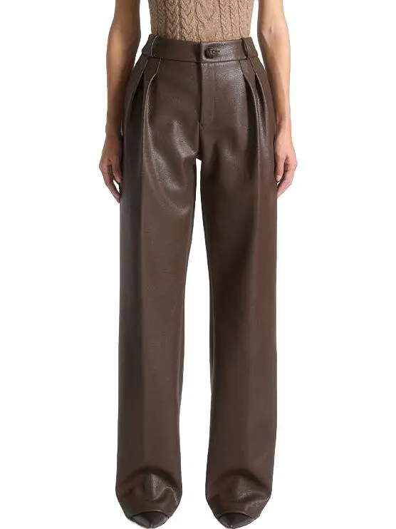 Manière De Voir Pebbled Vegan Leather Pleated Stacked Trousers - Brown