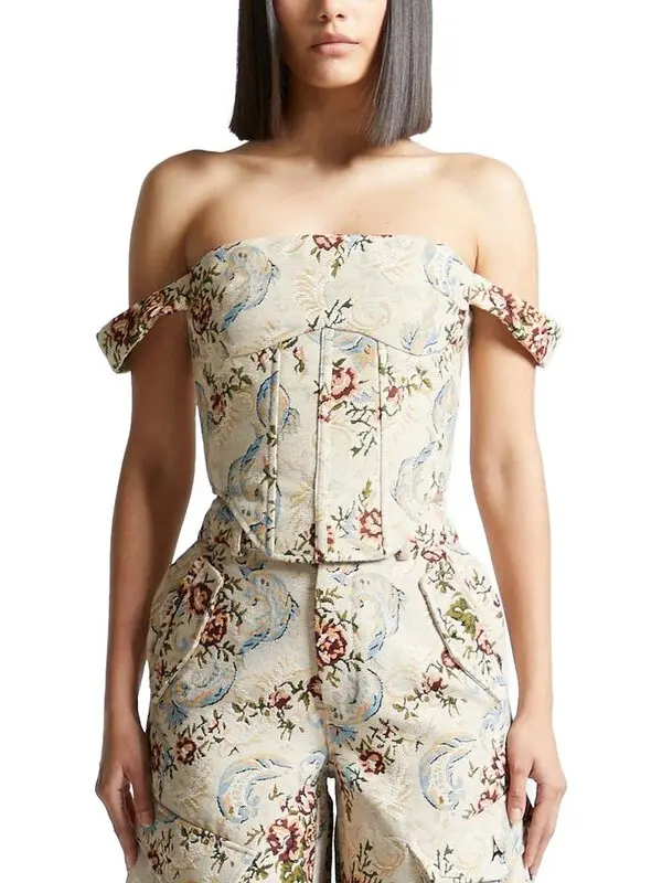 Manière De Voir Floral Jacquard Bardot Corset Top - Beige