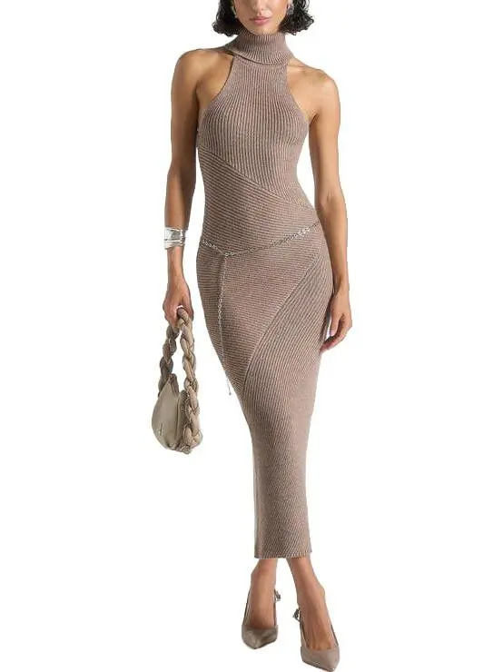 Manière De Voir Belina Halter Neck Knitted Maxi Dress With Chain - Taupe