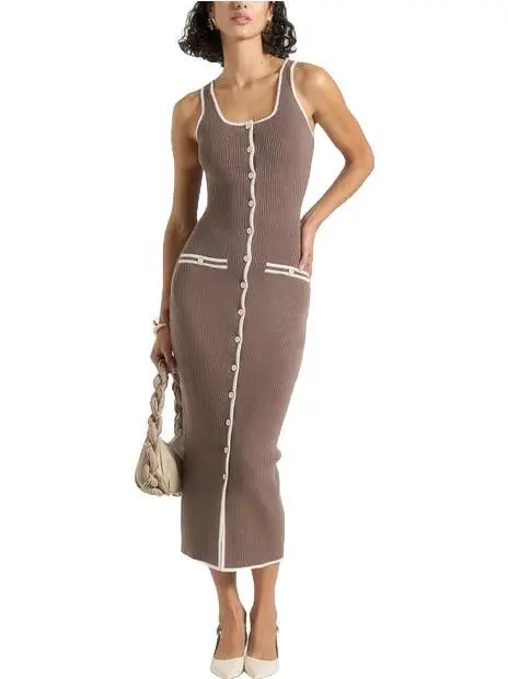 Manière De Voir Daphne Rib Knit Midaxi Dress - Brown/cream