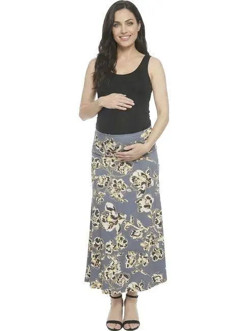 24SEVEN COMFORT APPAREL Maternity Floral A-line Maxi Skirt - Grey Multi