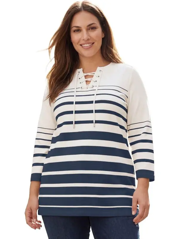 JESSICA LONDON Stretch Cotton Lace-up Boatneck Tunic - Navy Border Stripe