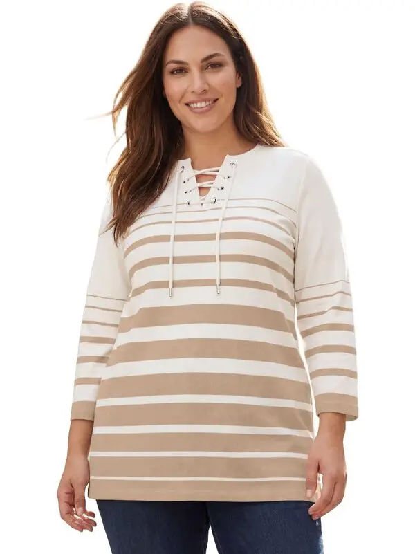 JESSICA LONDON Stretch Cotton Lace-up Boatneck Tunic - New Khaki Border Stripe