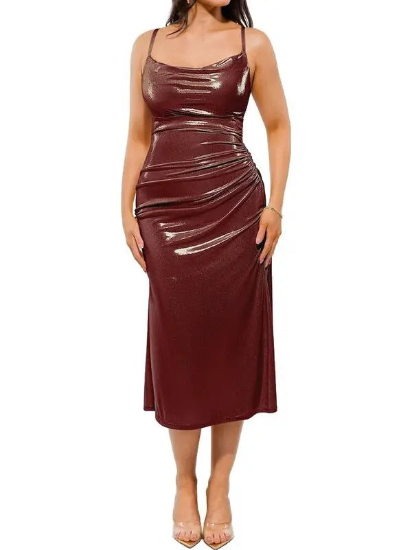 POPILUSH Metallic Cowl Neck Midi Dress - Burgundy