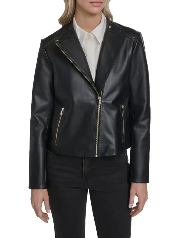 Cole Haan Band Collar Leather Racer Jacket - Black
