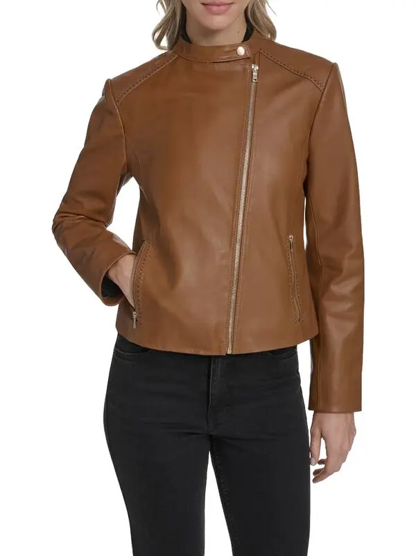 Cole Haan Band Collar Leather Racer Jacket - Hazelnut