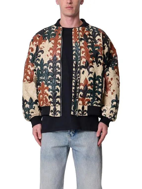 Mnml Fleur De Lis Faux Leather Bomber Jacket - Beige Multi
